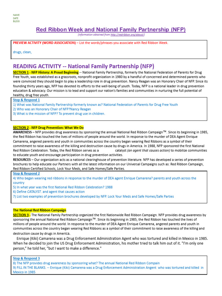 Red Ribbon Week History Functional Reading 2024 | PDF