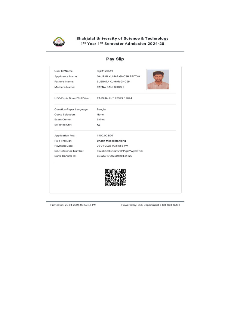 SUST Admission Payslip 2024-25 | PDF