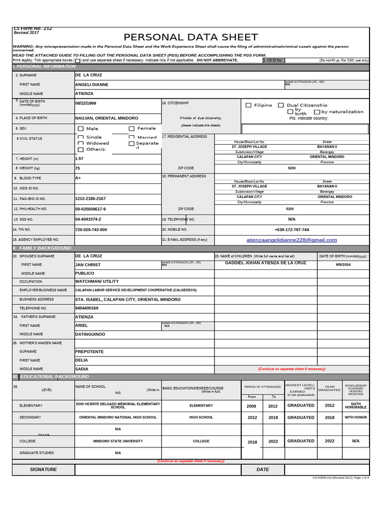 Excel File Csc Personal Data Sheet Pds 2017 1 Pdf Justice Crime