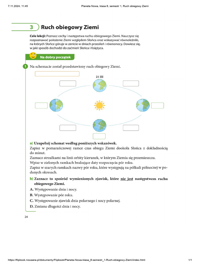 Planeta Nowa, Klasa 6, Semestr 1, Ruch Obiegowy Ziemi1 | PDF