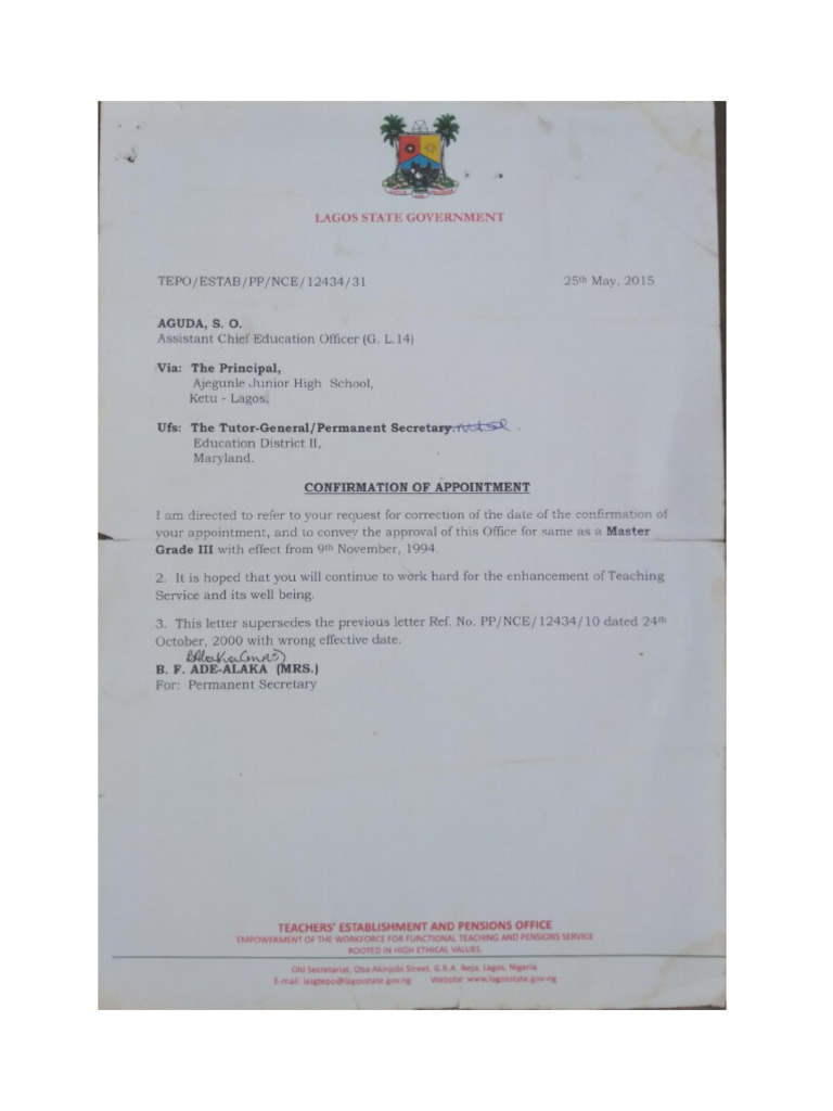 Confirmation of Appointment | PDF