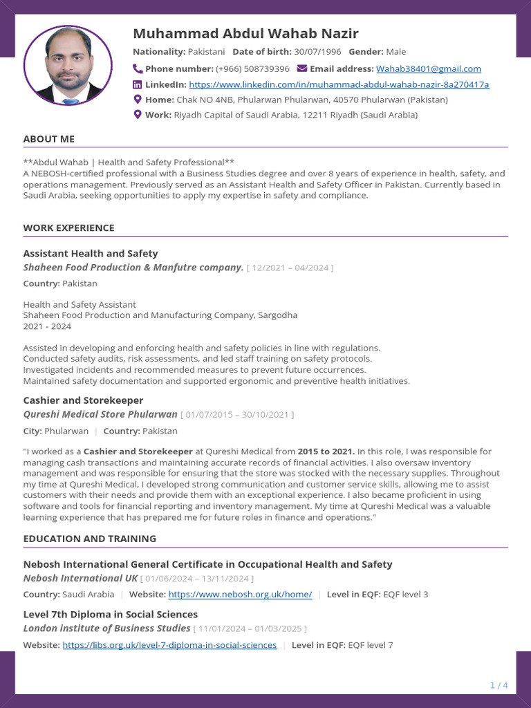 Wahab CV Jan 2025 No Euro | PDF | Occupational Safety And Health | Diploma
