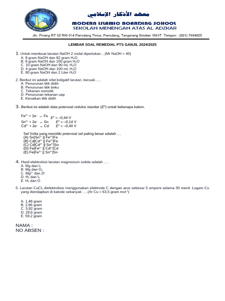 Soal Remedial Kimia SMA | PDF