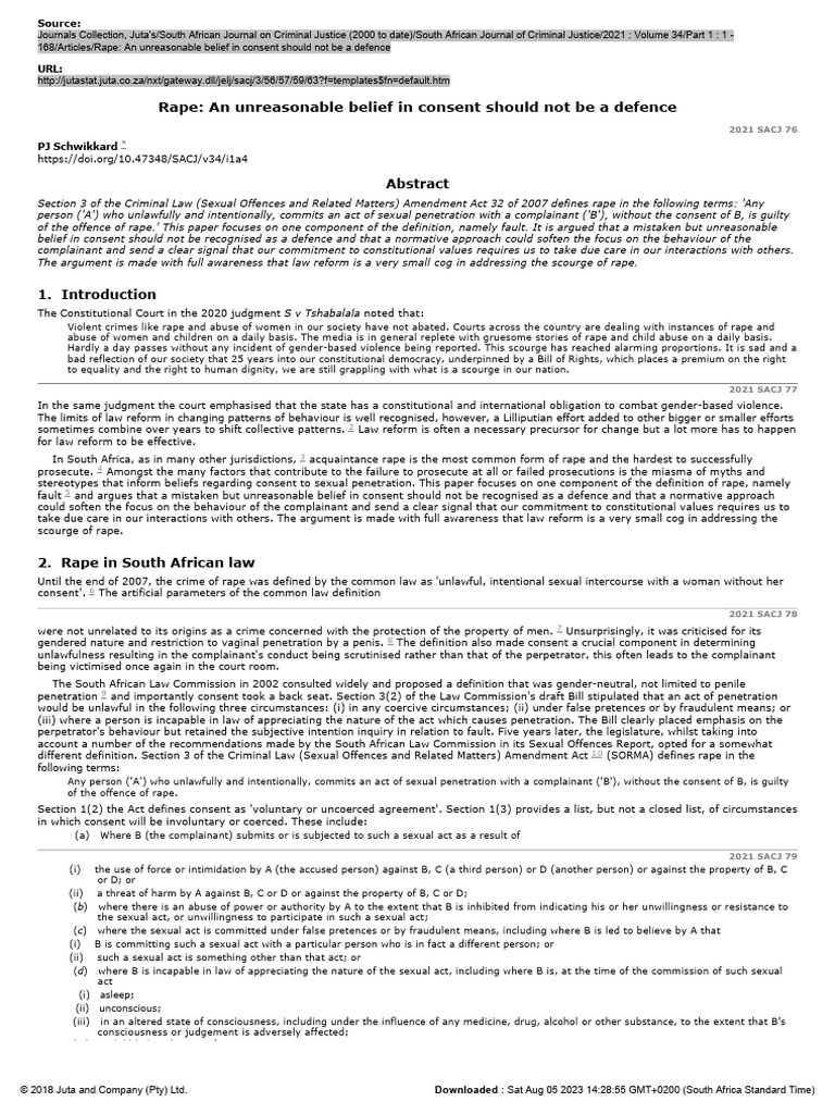 Rape An Unreasonable Belief in Consent Should Not Be A Defence | PDF ...