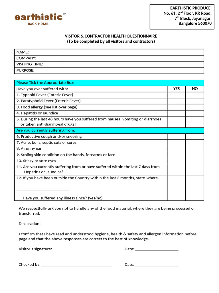 FM0006 Visitor Health Questionnaire | PDF | Allergen | Allergy