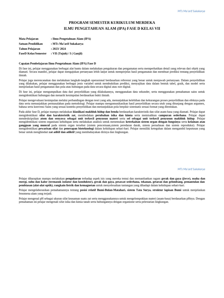 Prosem Fase D Kelas 7 - IPA | PDF