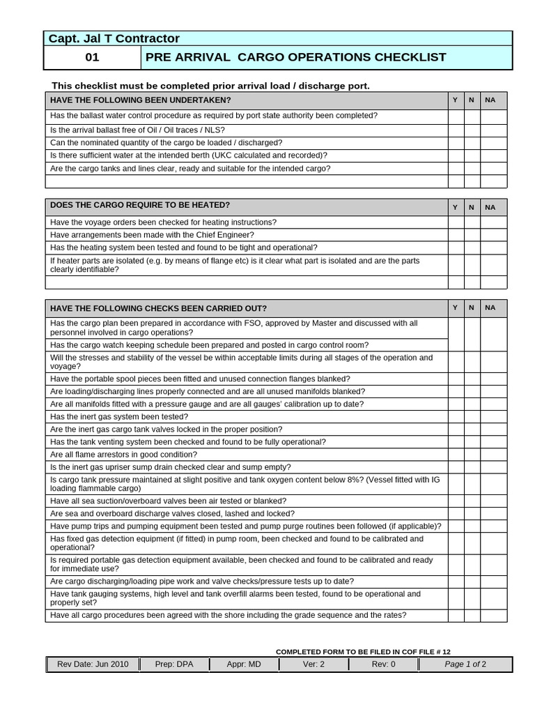 Pre-Arrival Cargo Operations Checklist | PDF | Pump | Oil Tanker