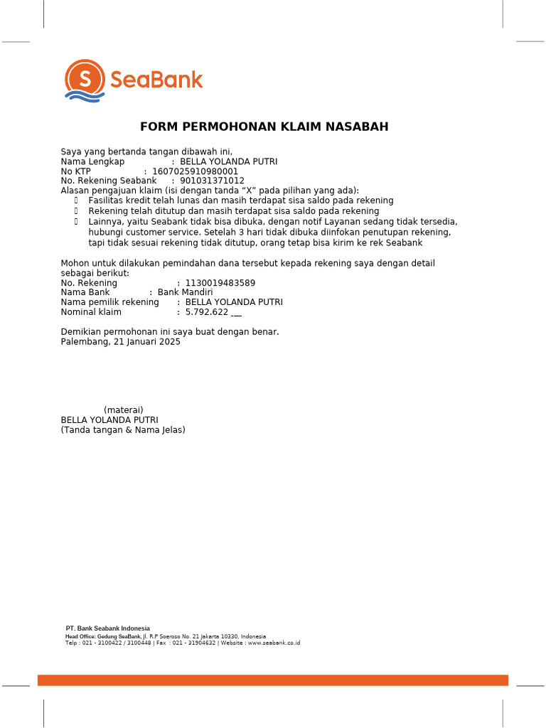 BELLA YOLANDA PUTRI Surat Pernyataan Unclaimed Money | PDF