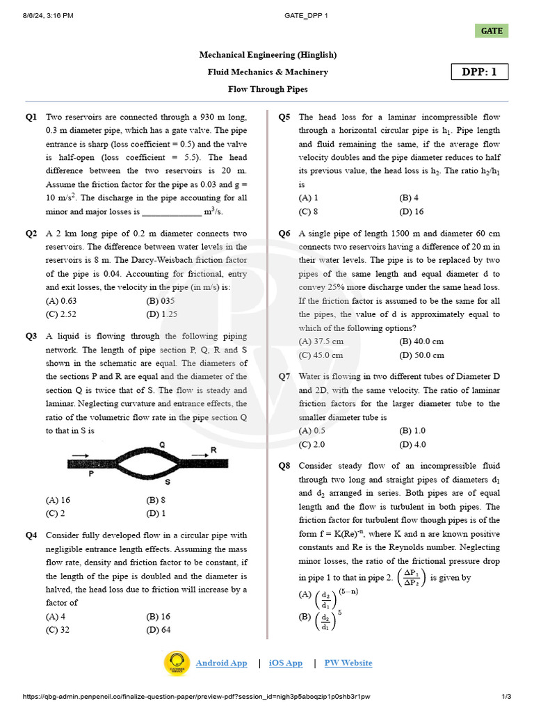 Flow Through Pipes - DPP 01 | PDF | Fluid Dynamics | Applied And Interdisciplinary Physics