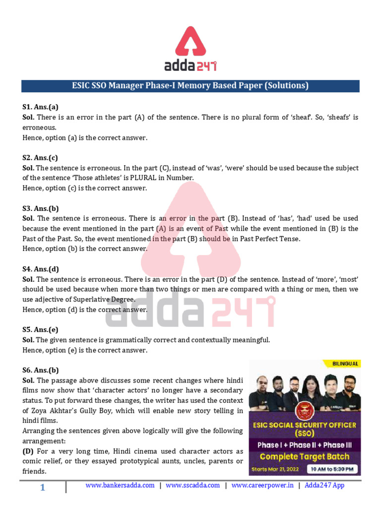 Formatted ESIC SSO Manager Phase I Memory Based Paper Solutions 1 | PDF ...