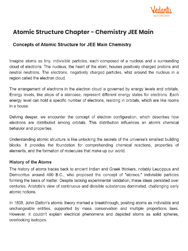 Atomic Structure Chapter - Chemistry JEE Main | PDF