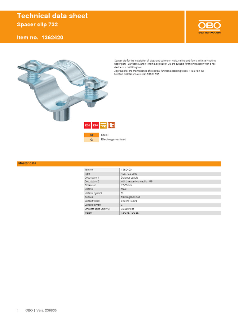 Spacer clip 732 Technical data sheet | PDF | Pipe (Fluid Conveyance ...