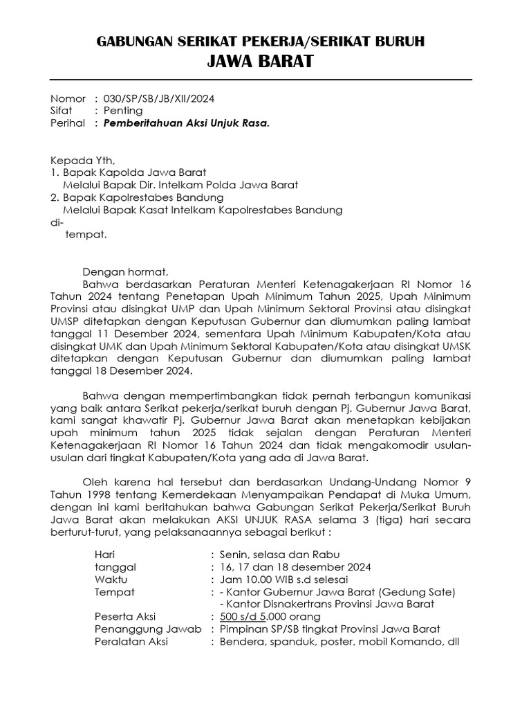 Surat Pemberitahuan Aksi UM 2025 | PDF