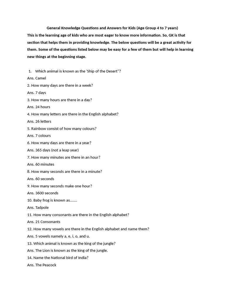 Fun GK Questions for Kids Aged 4-10 | PDF | Earth | Alphabet