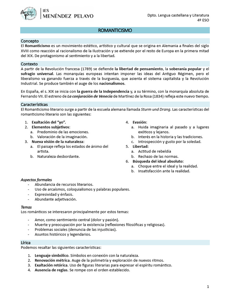 Características del Romanticismo Español | PDF | Romanticismo | Metro ...
