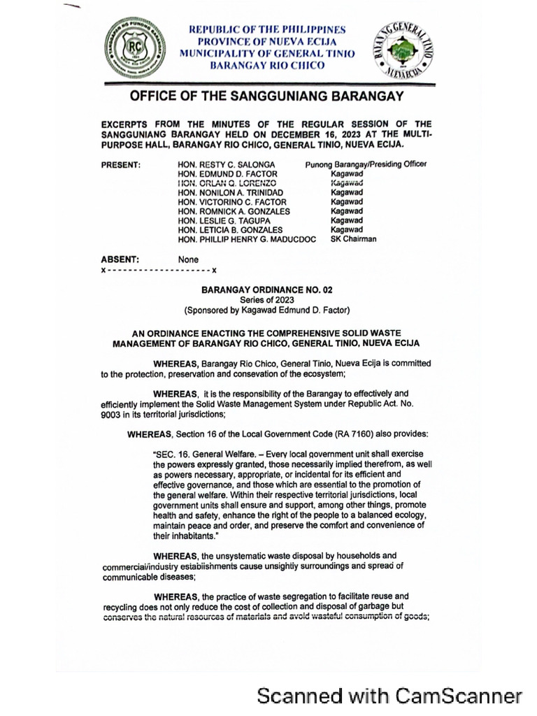 Barangay Ordinance Solid Waste | PDF
