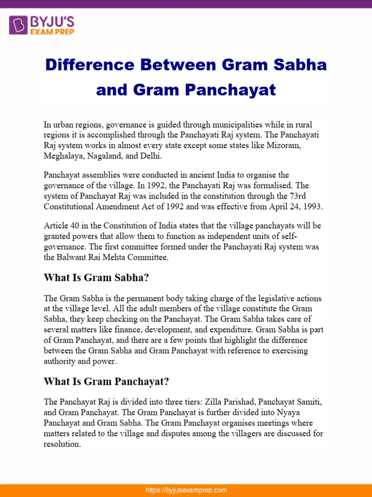 Differences Between Gram Sabha and Panchayat | PDF | Government Of ...