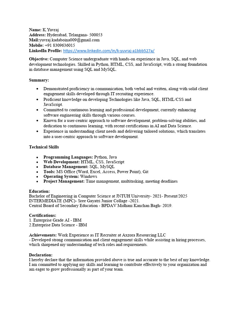 Computer Science Graduate Resume | PDF