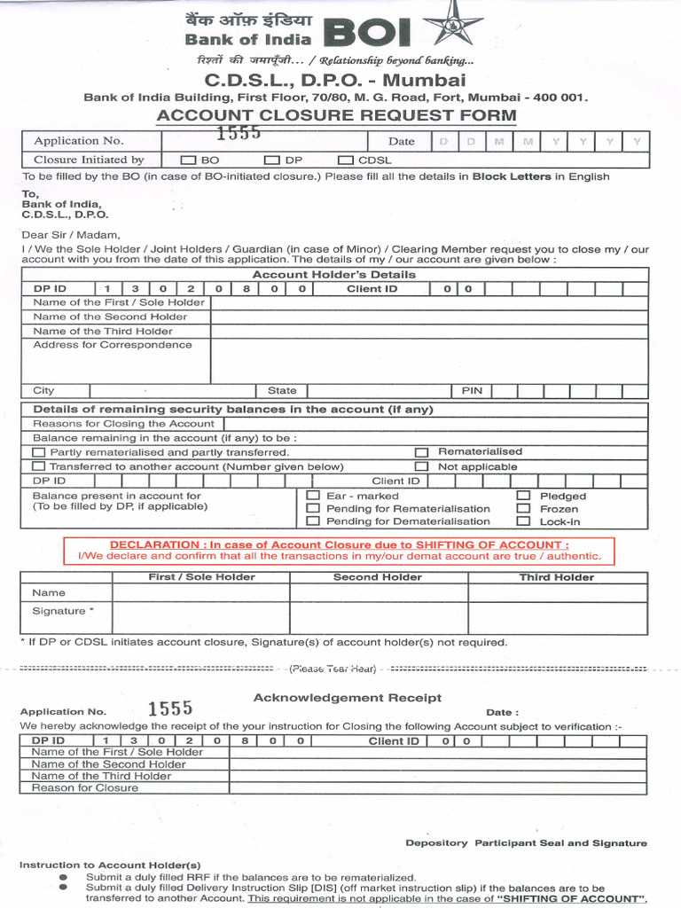 CDSL Ac Closure Form | PDF
