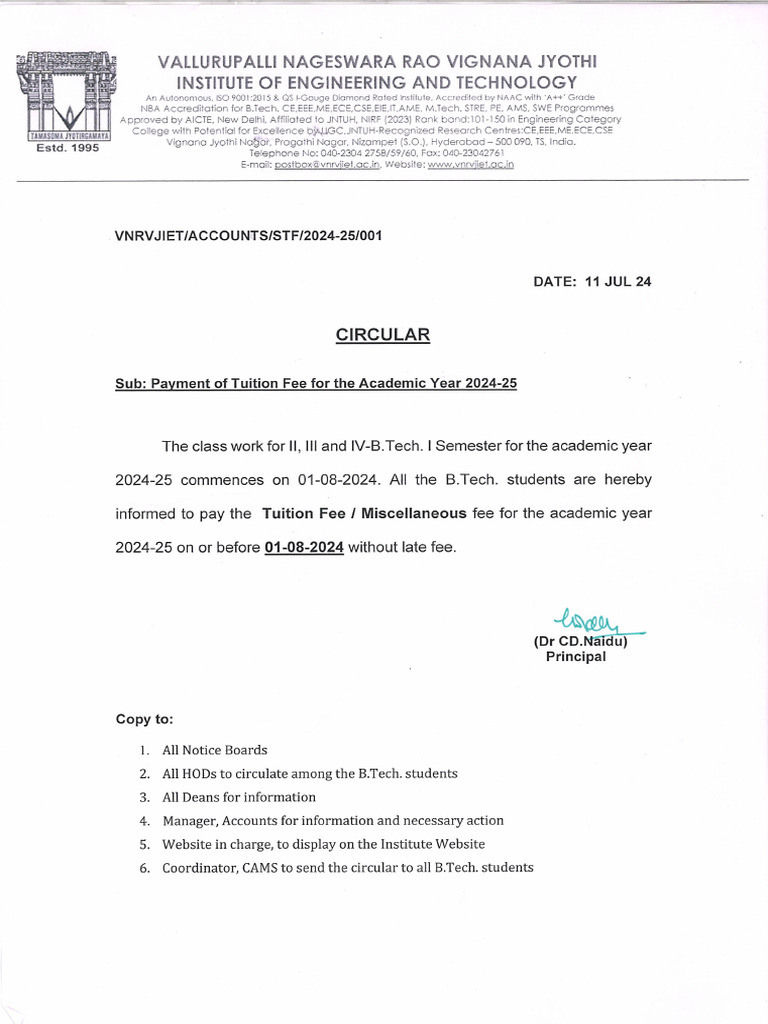 VNR VJIET Tuition Fee Circular AY - 2024-25 DT 11-07-2024 | PDF