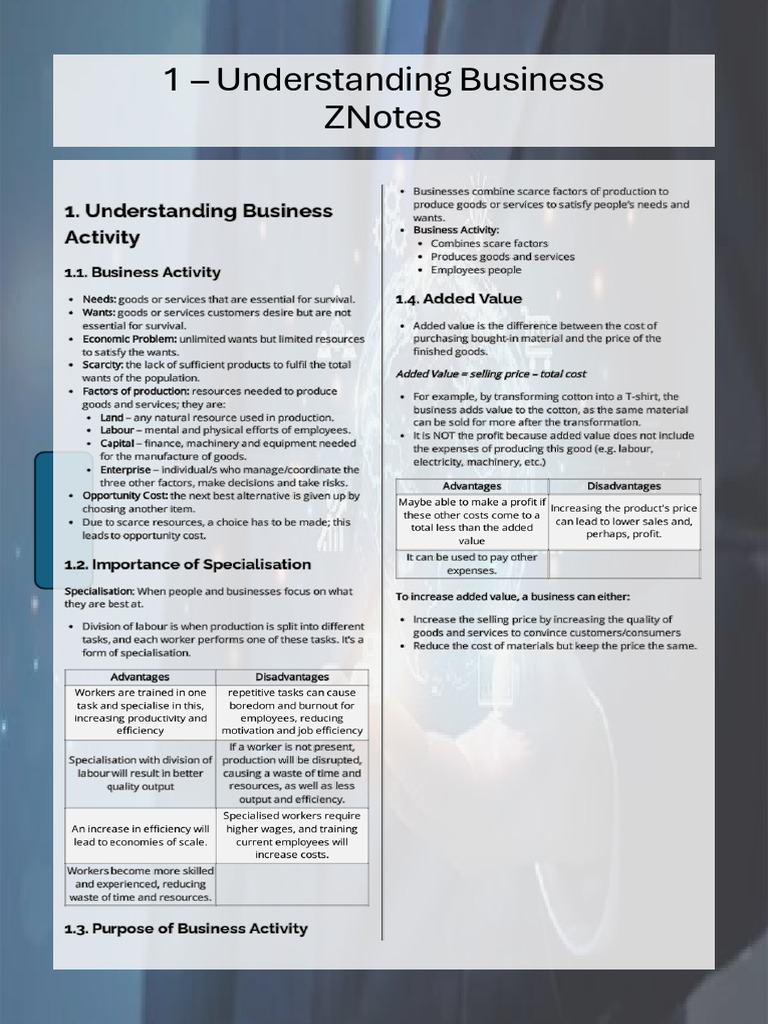 1-1Z Understanding Business ZNotes | PDF