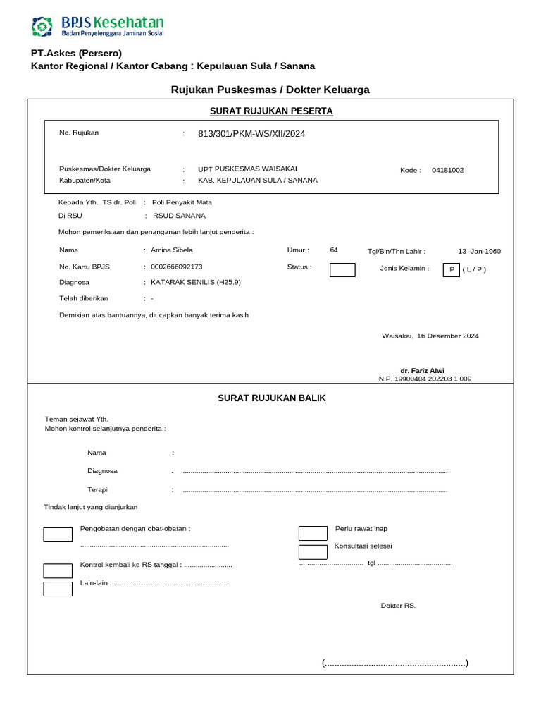 Surat Rujukan Puskesmas ke RSUD Sanana | PDF