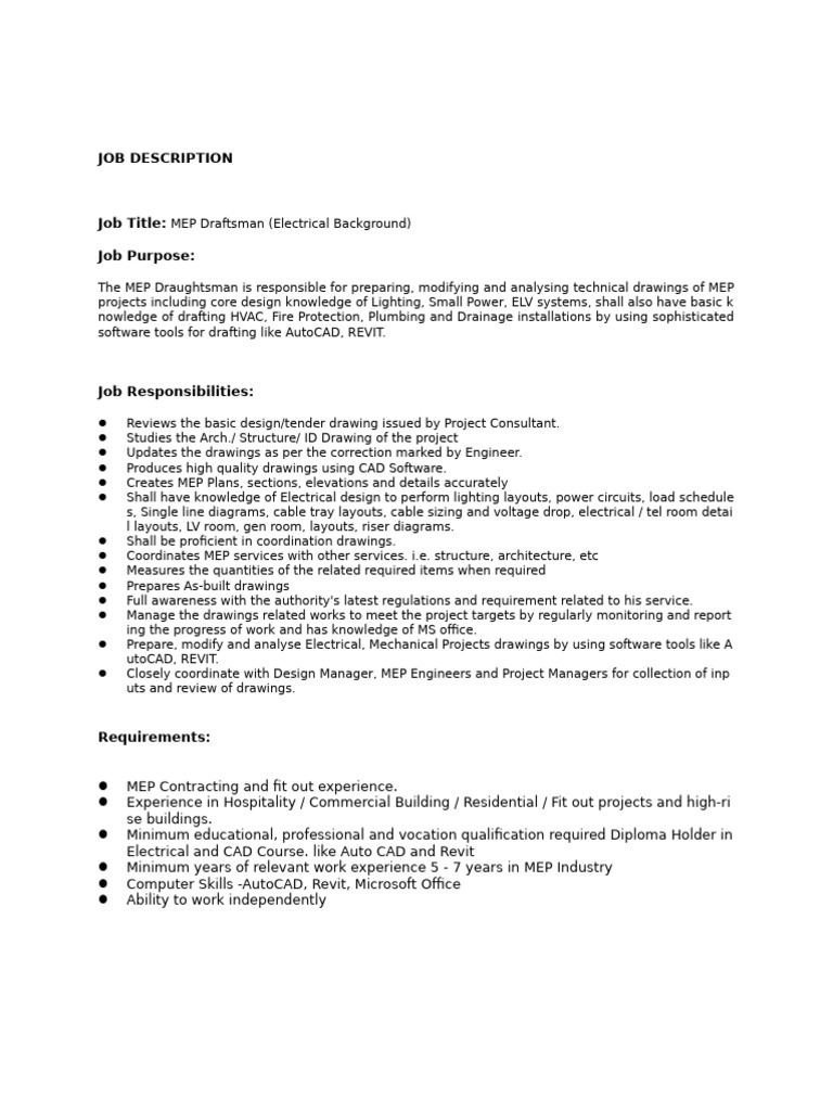 MEP Draftsman Electrical JD | PDF
