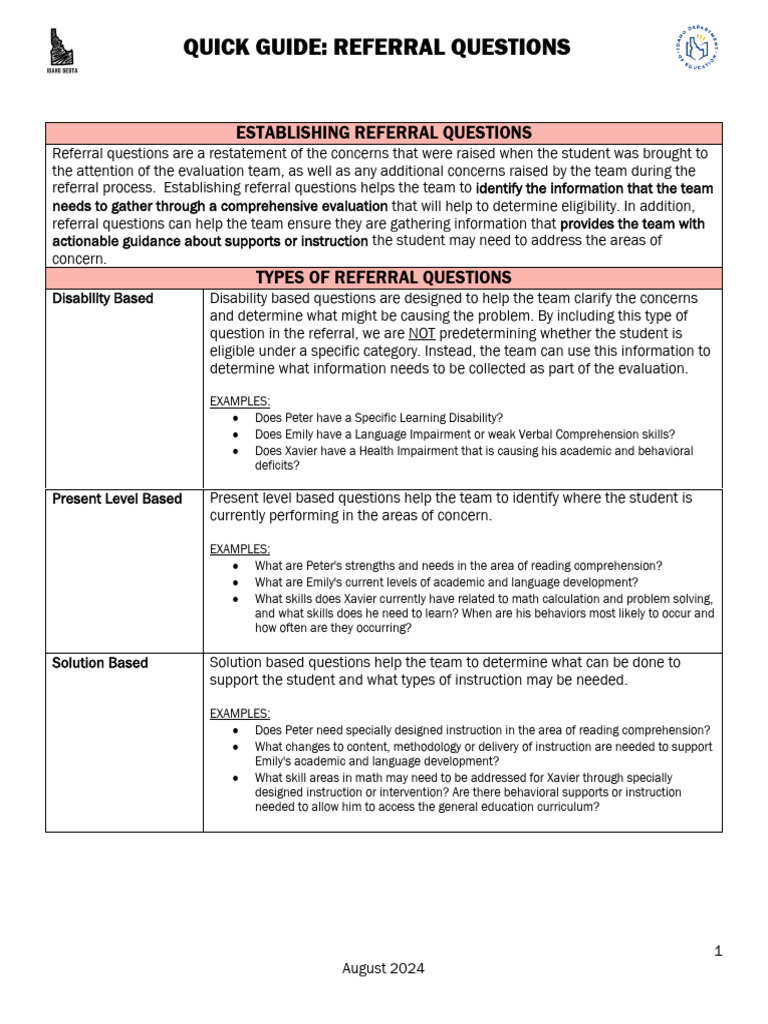 Referral Questions Quick Guide | PDF | Reading Comprehension | Learning ...