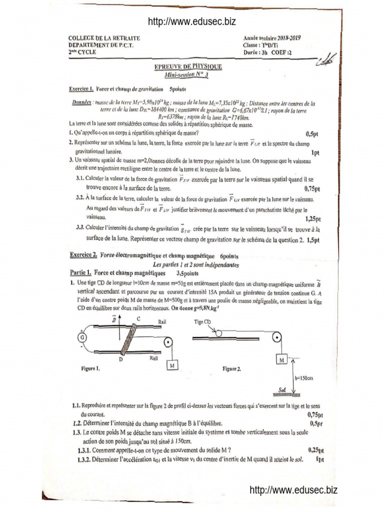 Epreuve de Physiques Tle D College La Retraite Sequence 3 Et 4 2019 | PDF