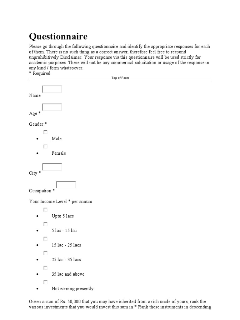 Questionnaire: Top of Form | PDF | Mutual Funds | Investing