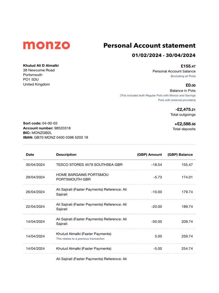 Monzo - Bank - Statement - 2024 02 01 2024 04 30 - 2419 | PDF | Deposit ...