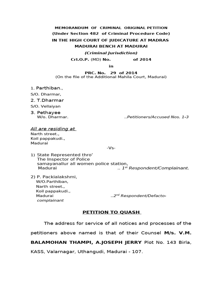 Quash Petition (CRL OP - CR 38-14) | PDF | Complaint | Criminal Justice