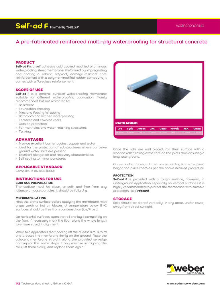 Weber Group TDS - Self-Adhesive Membrane | PDF | Concrete | Mechanical ...