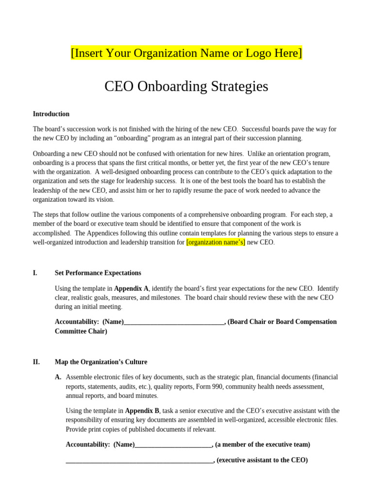 CEO Onboarding Best Practices Guide | PDF | Strategic Planning | Chief ...