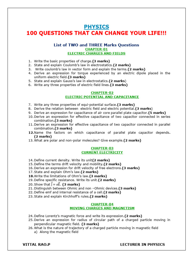 Physics - 100 Questions That Can Change Your Life | PDF | Capacitance ...