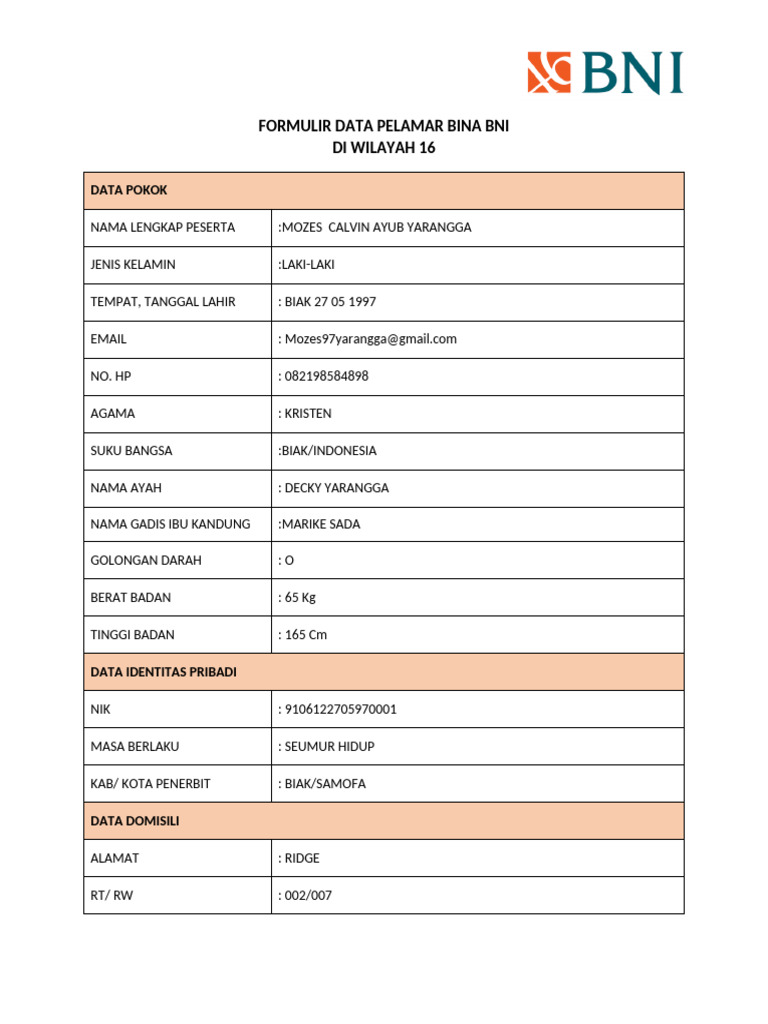 Formulir Data Pelamar Bina Bni | PDF
