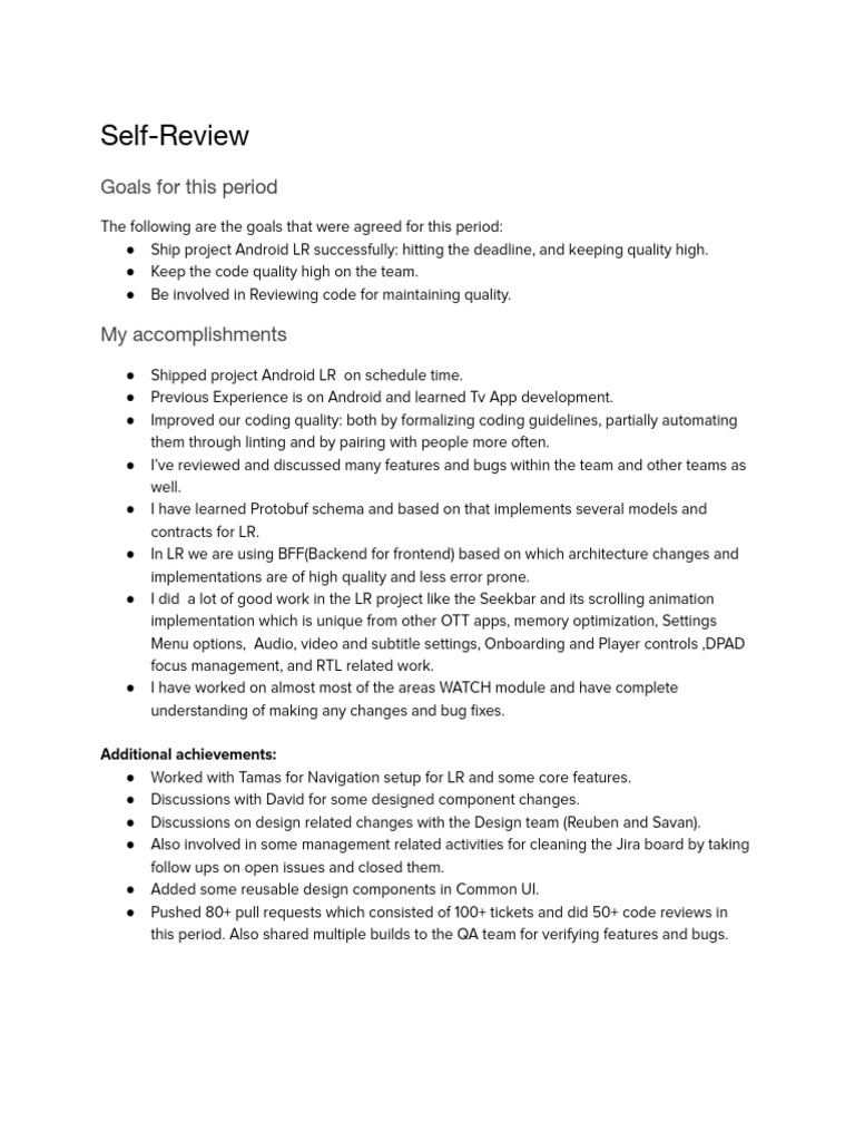 Performance Review For Software Engineers (Self-Review) - Filled ...