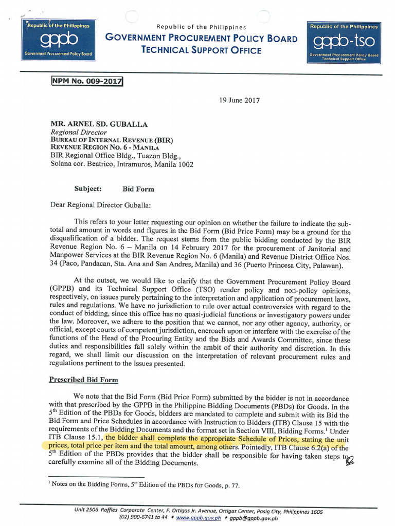 NPM-No.-009-2017 - Bid Forms Compliance | PDF