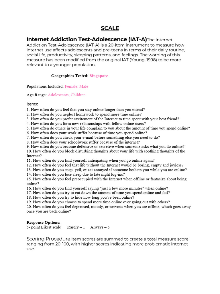 Internet Addiction Test-Adolescence (IAT-A) SCALE Photo | PDF ...