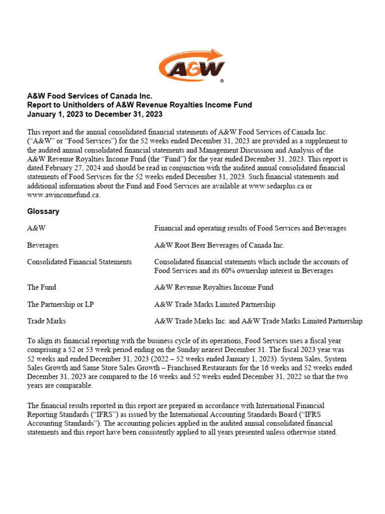 A&W 2023 Financial Performance Report | PDF | Revenue | Royalty Payment