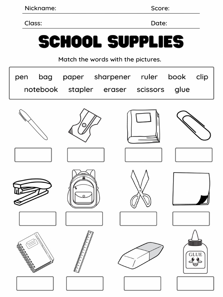 School Supplies Worksheet | PDF