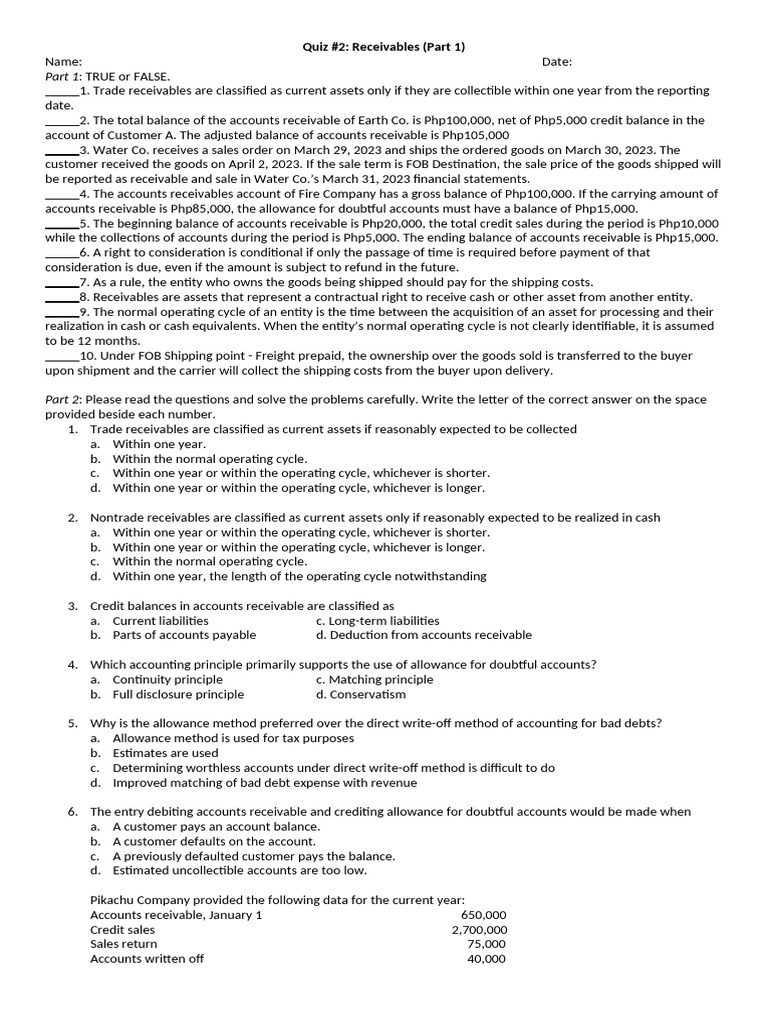 ANSWER KEY_QUIZ 2.1_Receivables | PDF | Bad Debt | Debits And Credits