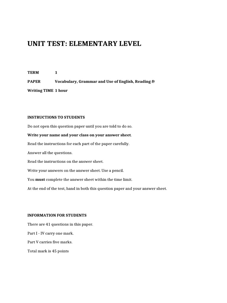 Elementary Term 1 - Questions | PDF | English Language | Question