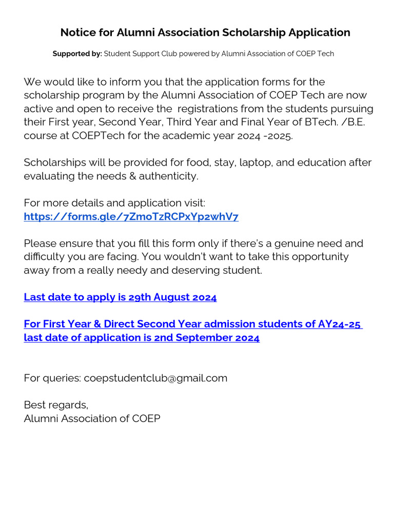 COEP Tech Alumni Scholarship Application 2024 | PDF