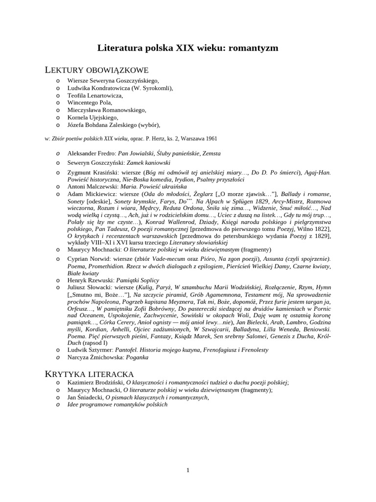 Romantyzm - Lektury | PDF