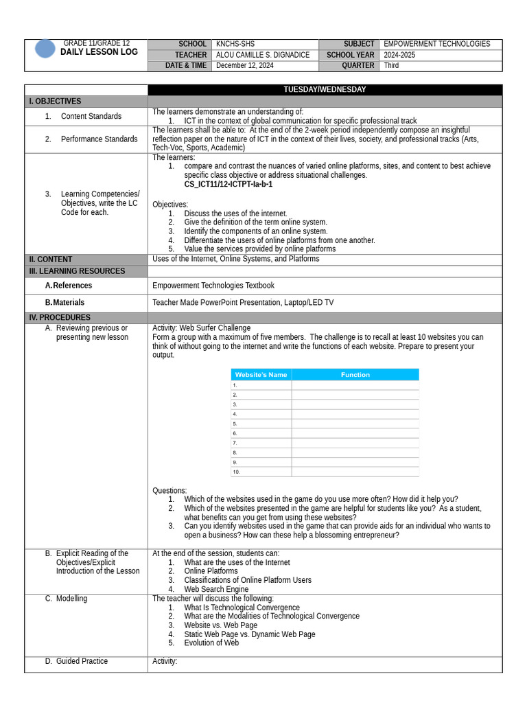 ETECH DLL Explicit - Lesson 01.4 - Uses of the Internet, Online Systems, and Platforms | PDF ...