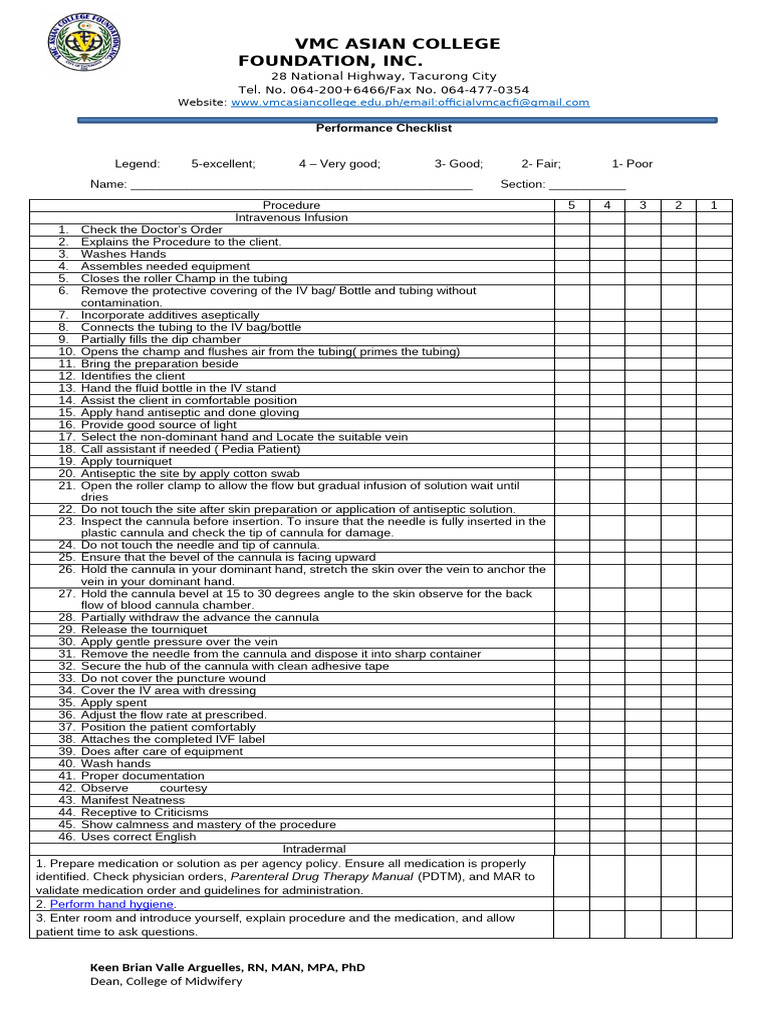 Performance Checklist IVFInsertion | PDF | Intravenous Therapy ...