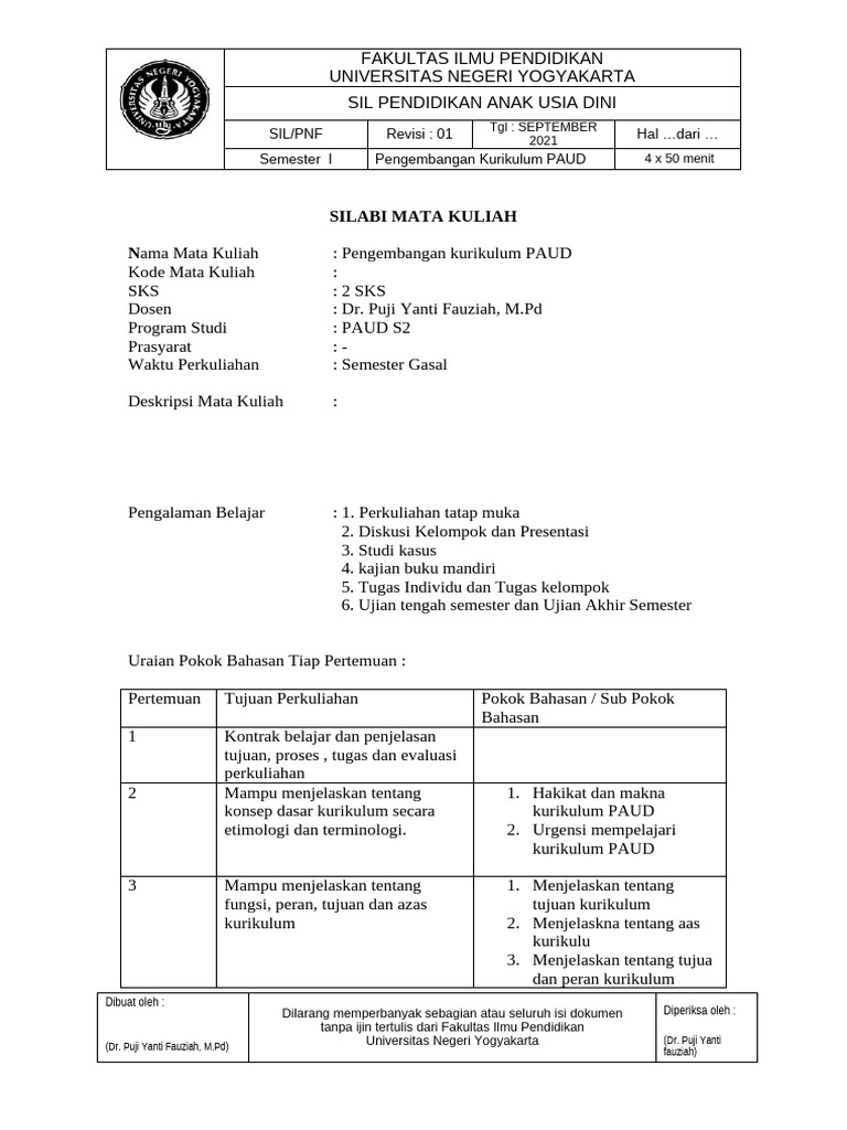 RPS Pengembangan Kurikulum PAUD S2 | PDF