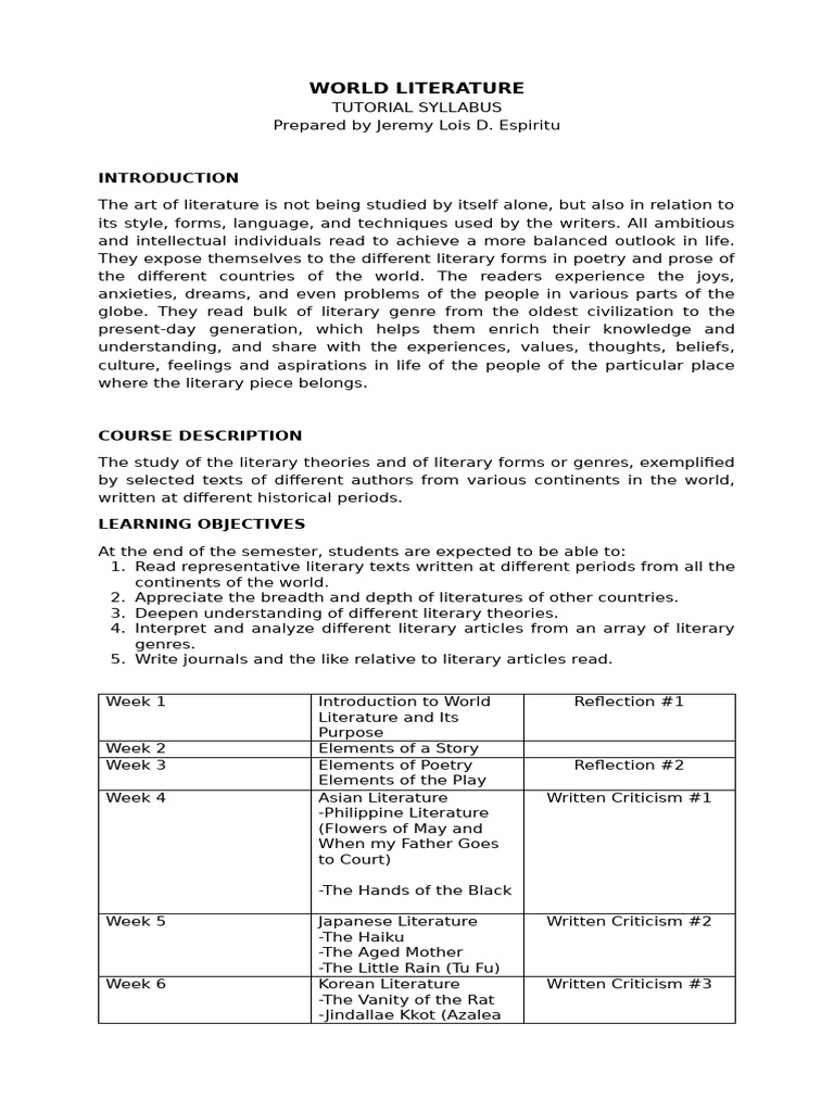 World Literature Course Syllabus | PDF | Genre | Liberal Arts Education