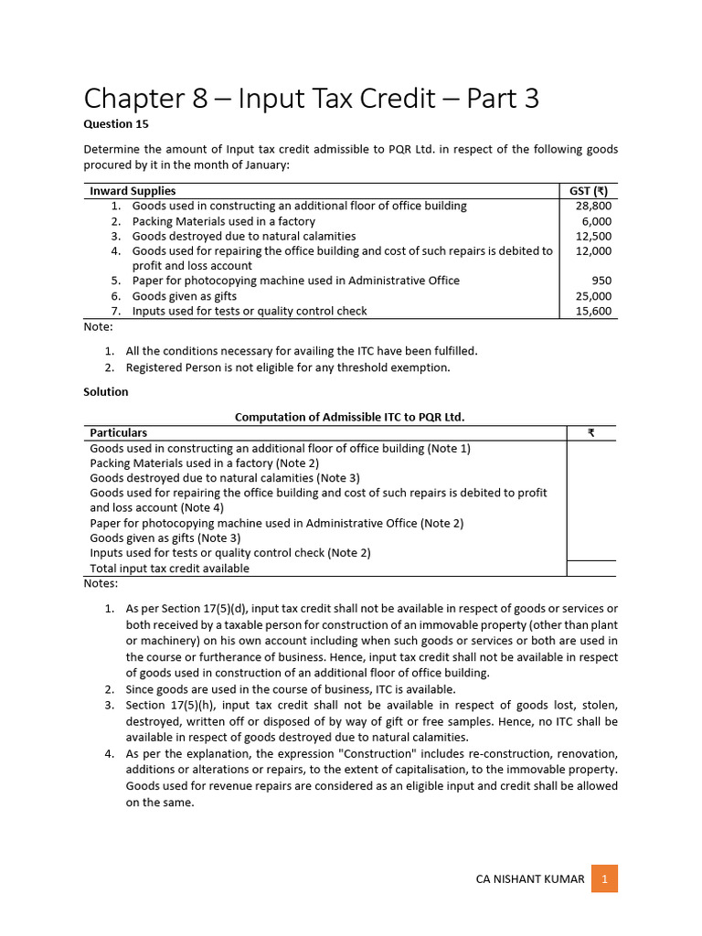 Chapter 8 - Input Tax Credit - Plus Notes - Part 3 | PDF | Value Added ...